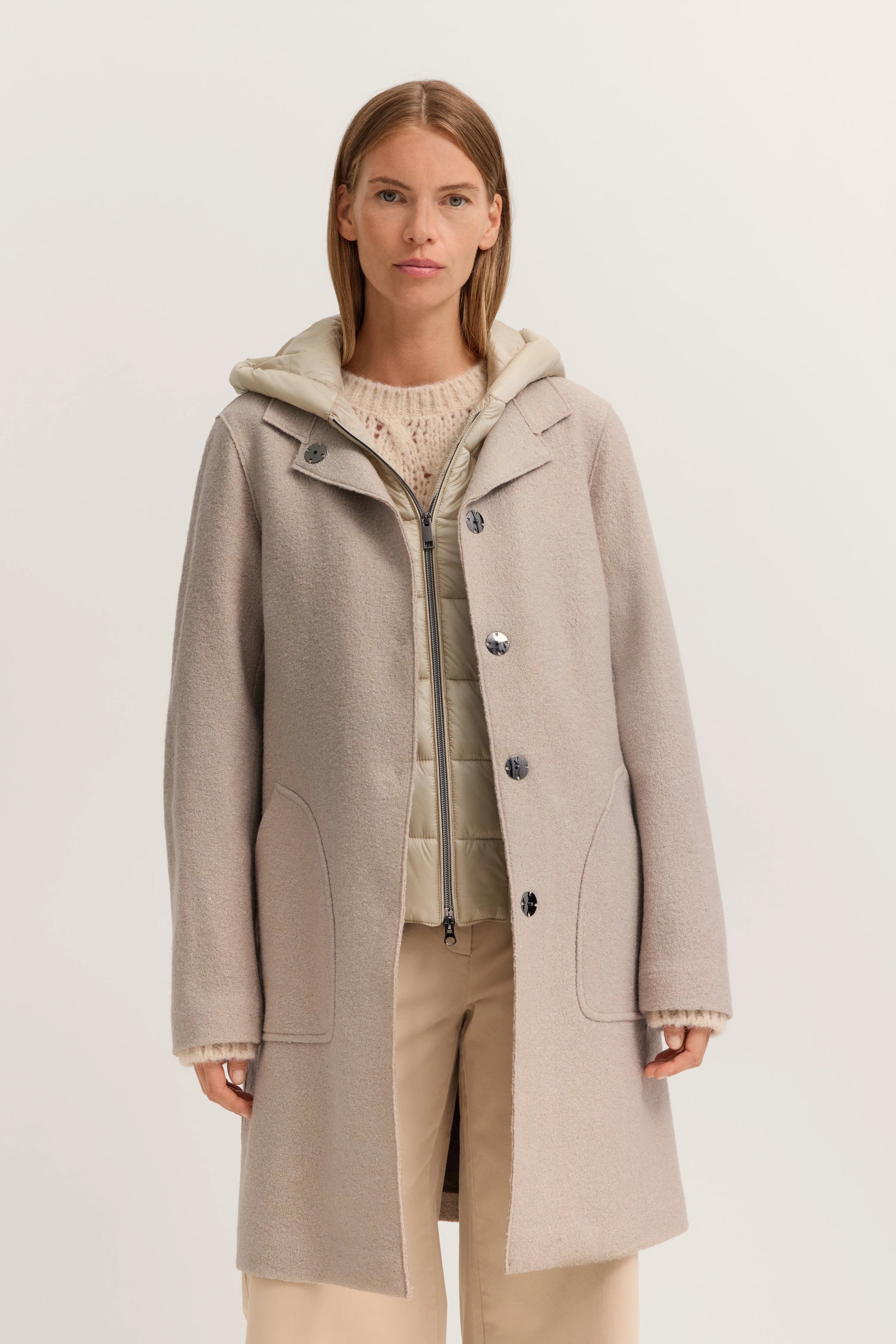 Wool coat with hood & removable vest in beige | Bugatti