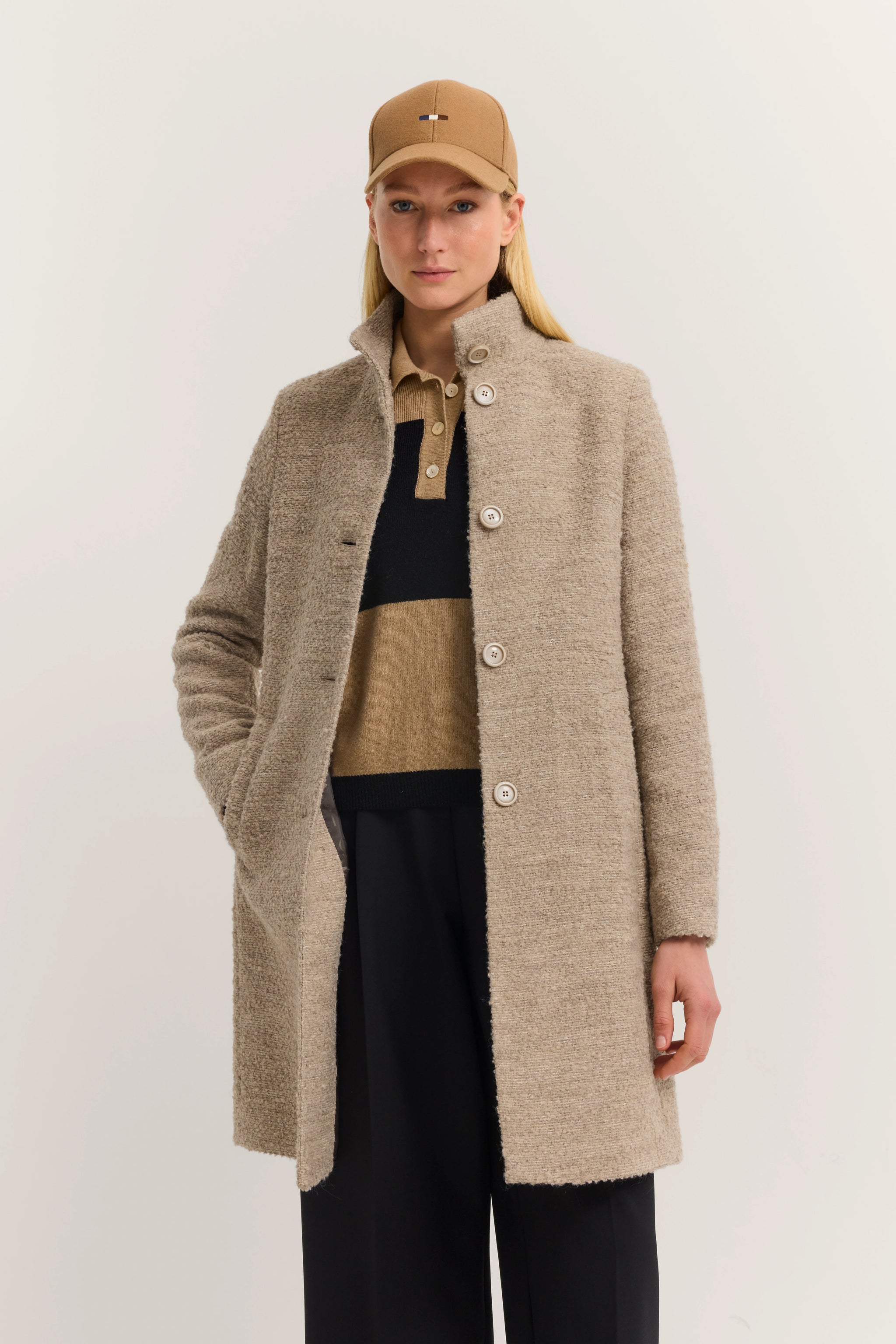 Wool coat with Flexcity Stretch and stand-up collar in beige | Bugatti
